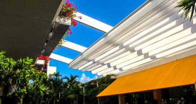 China Rainproof PVC Retractable Roof Pergola Pavilion Motorized Remote Control System for sale