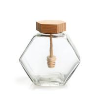 China 100ml 220ml 380ml Clear Glass Honey Hexagon Jar with Wood Cork Lid Food Grade for sale