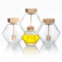 China 100ml 220ml 380ml Clear Glass Honey Hexagon Jar with Wood Cork Lid Food Grade for sale