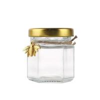 China 45ml 1.5oz Hexagonal Clear Glass Honey Jar with Wood Cork Lid and Bee Gift Packaging for sale