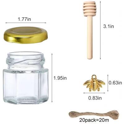 China 45ml Mini Hexagonal Glass Honey Jar with Wood Cork Lid and Wooden Dipper Eco-Friendly Food Grade for sale