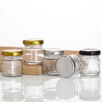 China 45ml 1.5oz Hexagonal Clear Glass Honey Jar with Wood Cork Lid and Bee Gift Packaging for sale