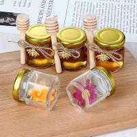 China 45ml 1.5oz Hexagonal Clear Glass Honey Jar with Wood Cork Lid and Bee Gift Packaging for sale
