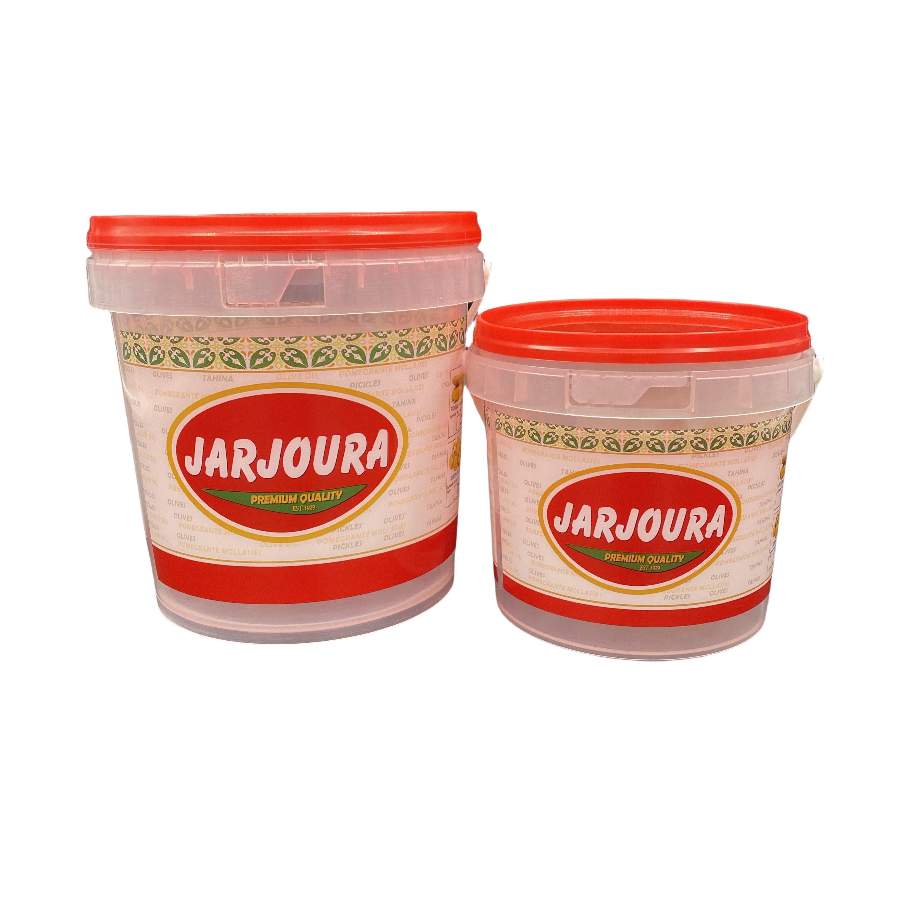 Two 2L transparent jam plastic food buckets with handles and red airtight lids &Atilde;&cent;&acirc;&not;&acirc; JM packaging example