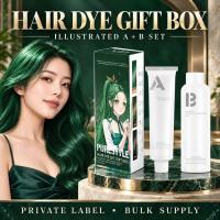 China Green Illustrated Carton Hair Dye Gift Box with Agent A Cream Tube and Agent B Developer Bottle for OEM ODM OBM A+B Hair Color Kit for sale