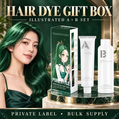 China Green Illustrated Carton Hair Dye Gift Box with Agent A Cream Tube and Agent B Developer Bottle for OEM ODM OBM A+B Hair Color Kit for sale