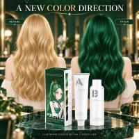 China Green Illustrated Carton Hair Dye Gift Box with Agent A Cream Tube and Agent B Developer Bottle for OEM ODM OBM A+B Hair Color Kit for sale