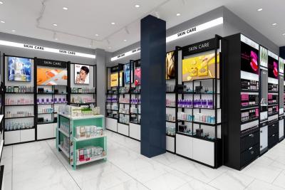 China Customized Durable Metal Cosmetic Display Shelves With Big Cab Lightbox for sale