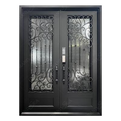 China Modern Screen Main Entry Rod House Storm Security Black Single Double Modern Wrought Cost Iron Front Doors for sale