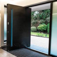 China Luxury Style Top Quality Black Color Bright Painting Side Glass Fixed Panel Front Pivot Door with Stainless Steel Handle for sale