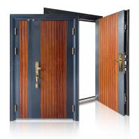 China 2022 New Design Latest Modern Style Grey Wooden Texture High Grade Burglar Proof Strong Security Steel Front Entry Door for sale
