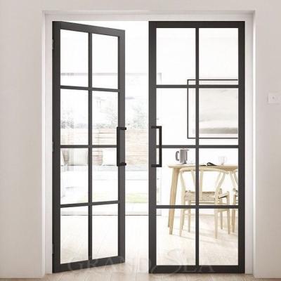 China Cambodia Power Coating  Thick Frosted Tempered Glass Minimalist Safe Interior Entrance Wrought Iron Door for House for sale