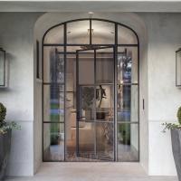 China Cambodia Power Coating  Thick Frosted Tempered Glass Minimalist Safe Interior Entrance Wrought Iron Door for House for sale