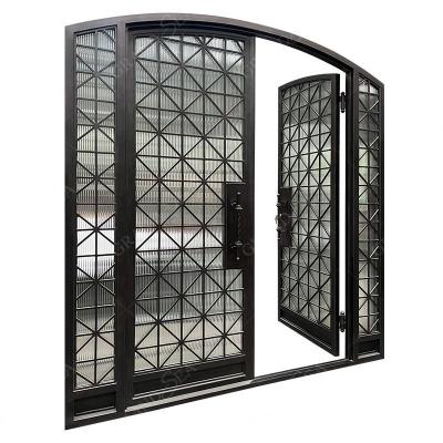 China American Style Luxury Front Entry Reed Glass Black Hand Crafted Iron Doors Entrance Wrought for sale