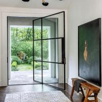 China Modern Villa Residential Main Entrance Exterior Glass Steel Wrought Iron Pivot Doors Front Entry Doors for sale