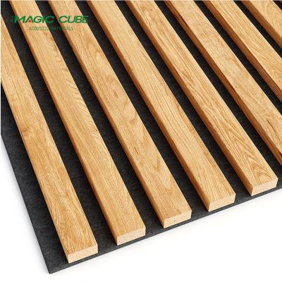 China Contemporary Style Black Grey Acoustic Slat Wood Panels PET Felt Backing for sale