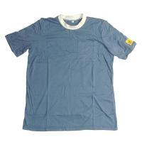 China Light Blue 96% Polyester 5mm Strip Short Sleeve ESD Smock for sale