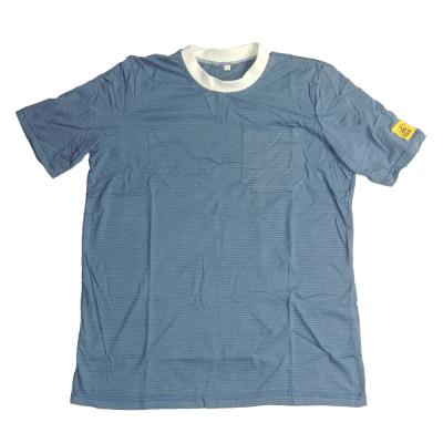 China Light Blue 96% Polyester 5mm Strip Short Sleeve ESD Smock for sale