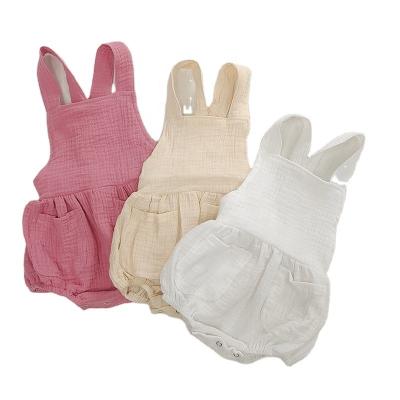China 100% Cotton Baby Romper Sleeveless Strap Pants with Pocket Solid Bodysuit 0-24M for sale