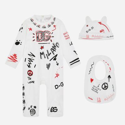 China Custom 100% Cotton Baby Romper Bib Hat 3 Piece Set Unisex Long Sleeve Bodysuit for sale