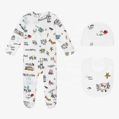 China 100% Cotton Baby Romper Set 3pcs Long Sleeve Bodysuit Hat Bibs for 0-24 Months for sale