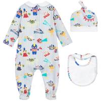 China 100% Cotton Baby Romper Set 3pcs Newborn Sleeper with Hat Bib for 0-24 Months Custom Color for sale