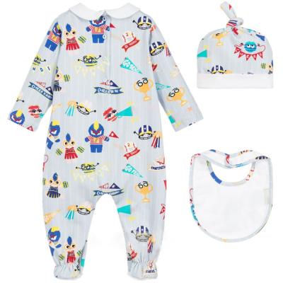 China 100% Cotton Baby Romper Set 3pcs Newborn Sleeper with Hat Bib for 0-24 Months Custom Color for sale