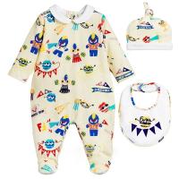 China Newborn 3 Piece Baby Clothes Set Long Sleeve Printed Romper Hat Bib 100% Cotton 0-24M for sale