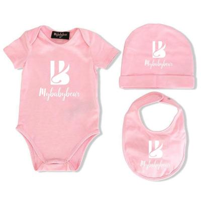 China Newborn Baby Clothes 3pcs Set 100% Cotton Knit Short Sleeve Unisex Romper with Bib Hat Sizes 0-24M for sale
