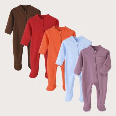 China Custom 100% Organic Cotton Baby Footie Zipper Onesie Jumpsuit Sizes 0-36M for sale