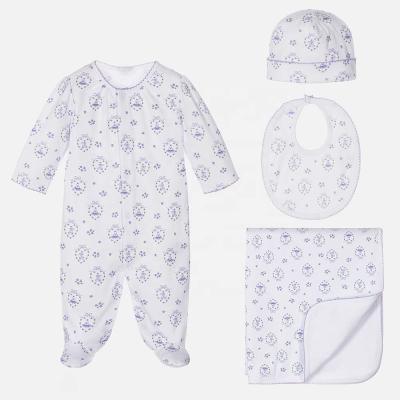 China Organic Cotton Baby Romper 4Pcs Gift Set for 0-24M Unisex Infant Bodysuit Hat Bib Blanket for sale