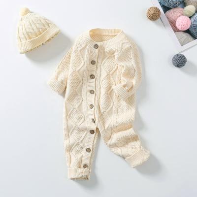 China Custom Baby Winter Bodysuit 100% Cotton Cable Knitted Newborn Rompers Set with Hat 0-24M for sale