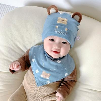 China Adjustable Stretchy Cotton Baby Bib Beanie Hat Set 2 Piece Newborn Turban Top Knot Cap for sale