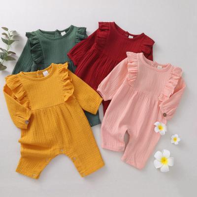 China Beige Flutter Sleeve Muslin Baby Girls Romper 70-100 Sizes Cotton Blend Cute Romper for sale