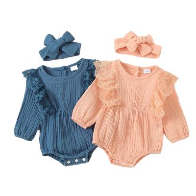 China Wholesale Baby Girl Cotton Bodysuit Set with Lace Ruffled Muslin Buttons Sizes 70-100 for sale