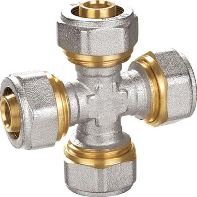 China Sand Blast Nickel Plated Brass Pex-al-pex Fitting PF5010 Equal Diameter Four-way For Processing Technic for sale