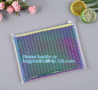 China Rainbow Holographic Cosmetic Laser Slider Ziplockk Esd Bubble Bag Bubble Packaging Wrap Cosmetic Pouch Slider Bubble Bag for sale