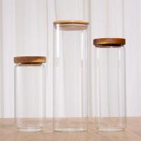 China Stripe Borosilicate Glass Jar with Acacia Wood Screw Lid for sale