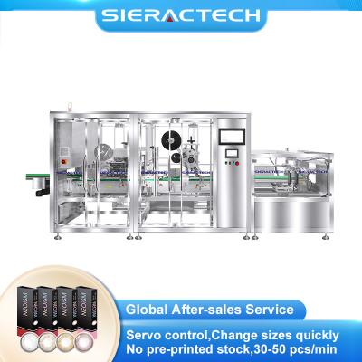 China Automatic Small Long Box Real-Time Print and Labeling Machine with Servo Corner Seal Labeling and SICK Sensor Control for sale