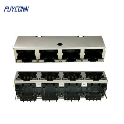 China 4-Port Shielded RJ45 Modular Jack Connector 32-Pin Right Angle PCB Mount with LED Indicators 1.5A 125V for sale