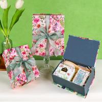 China Custom Floral Rigid Gift Box with Hinged Lid - Pink Sage Green Ribbon Packaging for Cosmetics & Jewelry for sale