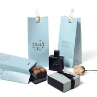 China Custom Blue Gold Foil Business Paper Bags with Ribbon Handles for Gift Packaging of Ties and Scarves for sale