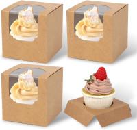China Kraft Paper Handheld Cupcake Box 9x9x9cm with Transparent Window for Bakery Packaging for sale