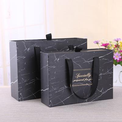 China Custom Gold Foil Logo Black Marble Gift Box & Bag Set Drawer Style Packaging for Apparel Premium Gifts UV Print for sale