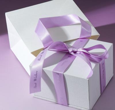 China Minimalist White Square Jewelry Gift Box Hardboard with Purple Satin Bow Custom Size for sale