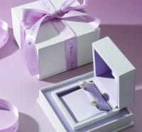 China Minimalist White Square Jewelry Gift Box Hardboard with Purple Satin Bow Custom Size for sale