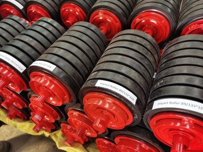 China 190mm Belt Conveyor Impact Idler And Return Roller With Rubber Lagging for sale