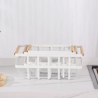 China Home Kitchen Decorative White Metal Wire Storage Basket with Wood Handle for sale
