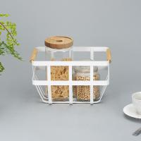China Home Kitchen Decorative White Metal Wire Storage Basket with Wood Handle for sale