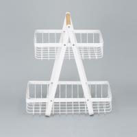 China Countertop Wood Handle Iron 2 Tier Wire Fruit Basket For Kitchen Organization for sale